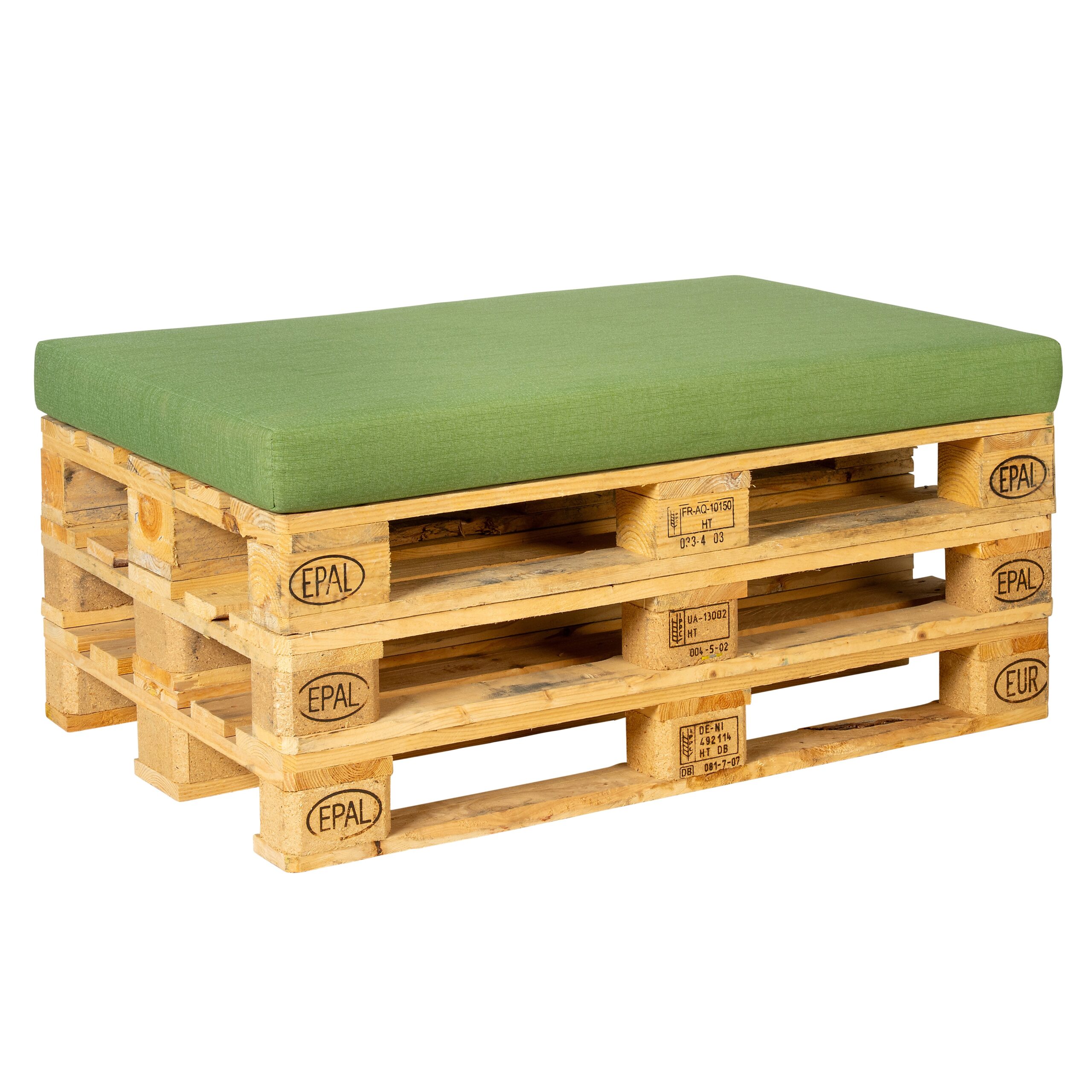 Pallet lounge bank met groen kussen - Beursdecoratie.nl